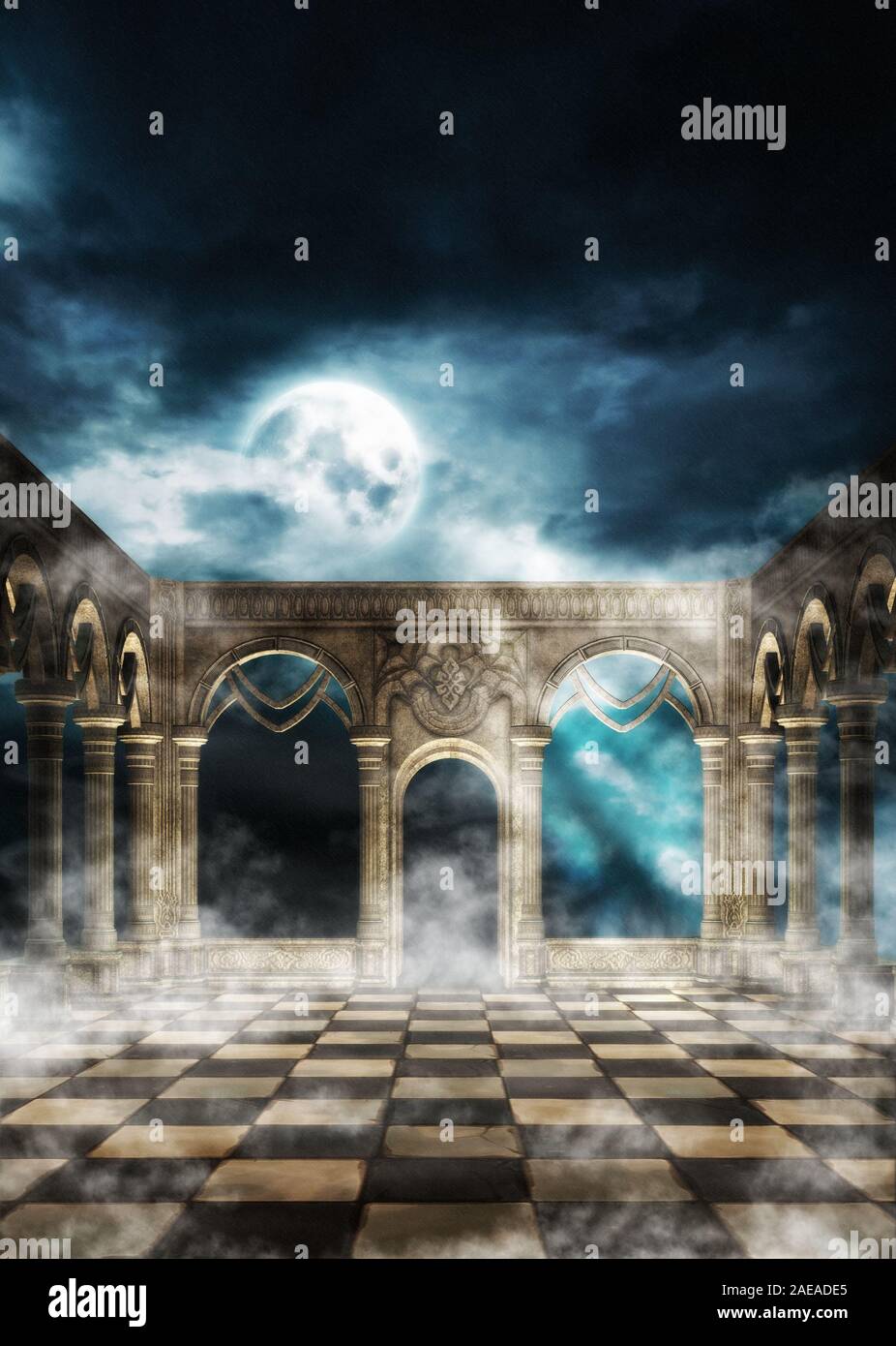 3D rendered ancient wall with arch windows and full moon illustration ...
