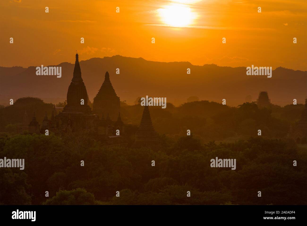Sunset over the ancient Buddhist temple. Bagan, Myanmar (Burma Stock ...