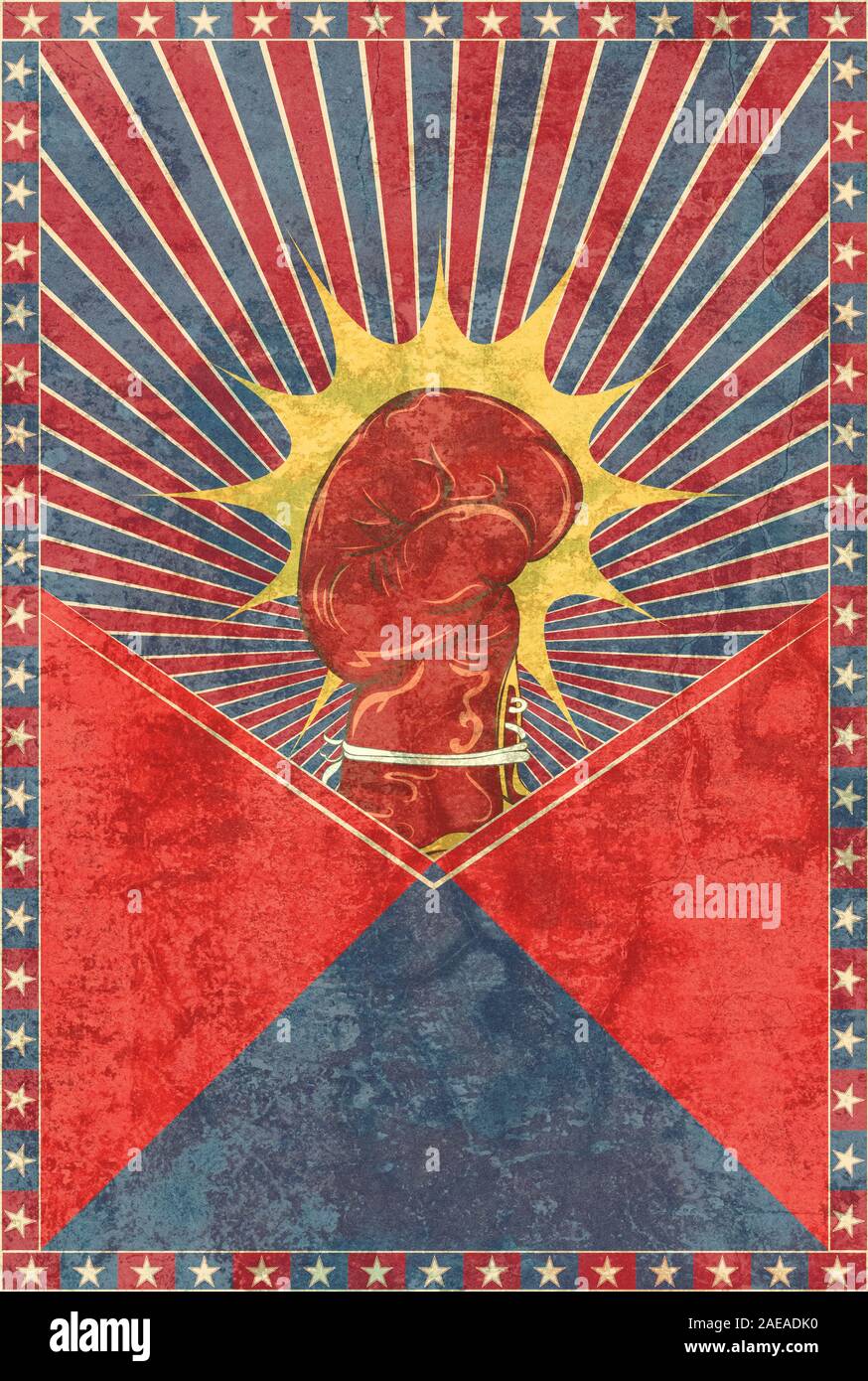 Retro grunge background with boxing glove over red and blue rays and ...