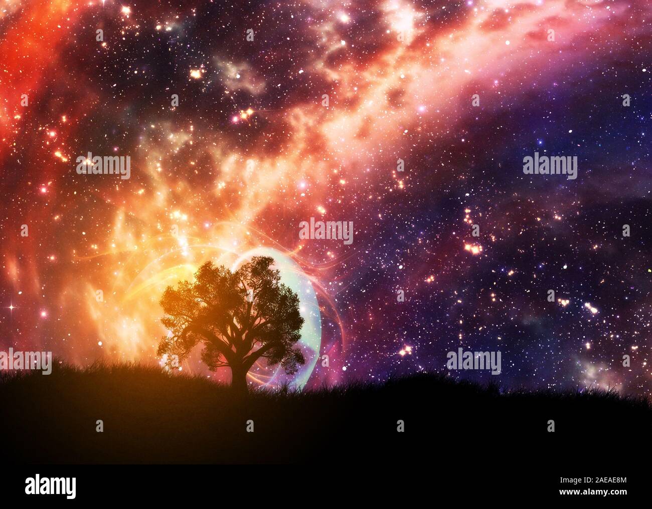 Fantasy night starry sky and alone tree background Stock Photo - Alamy