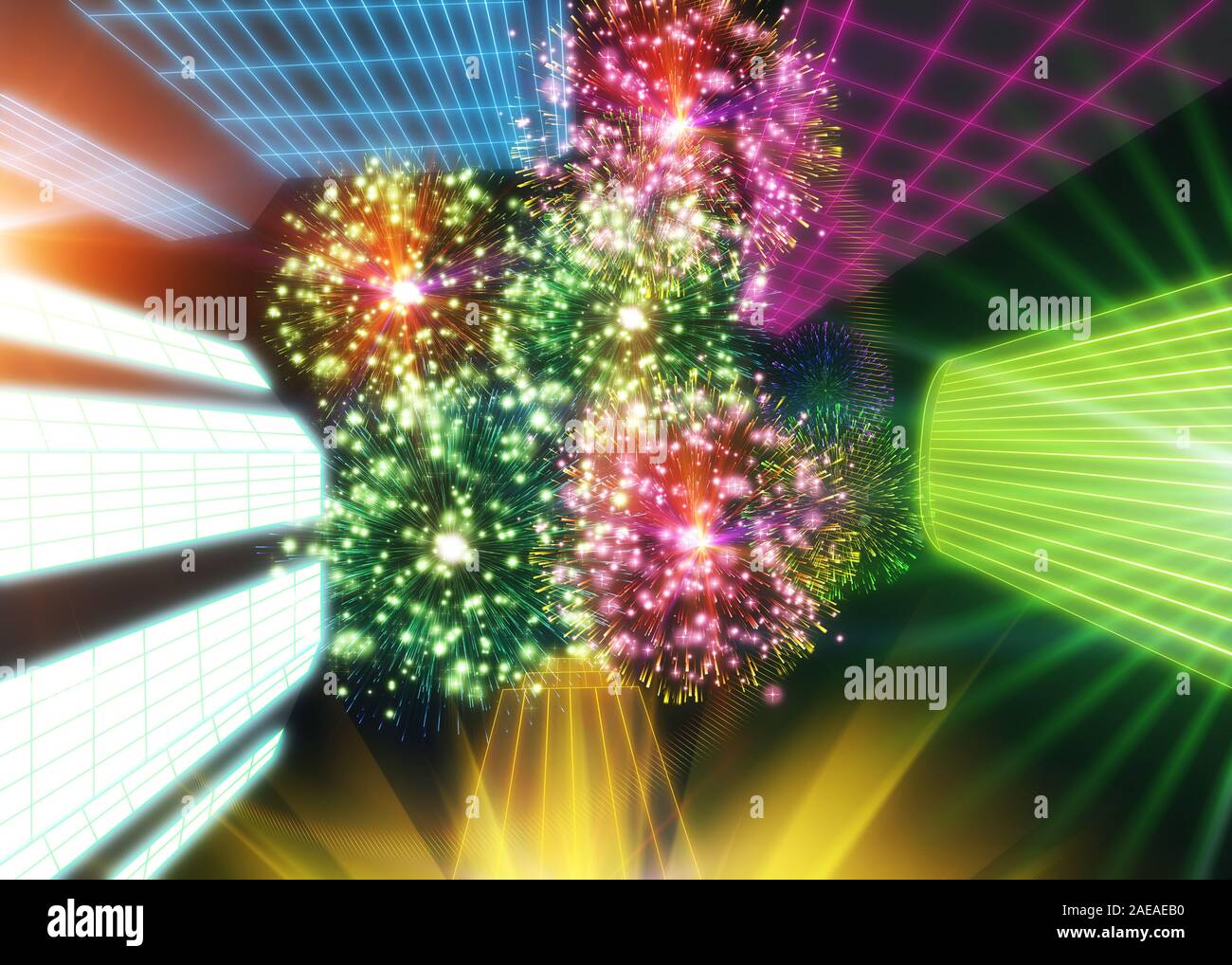 Glowing neon skyscrapers and fireworks in the night Stock Photo - Alamy