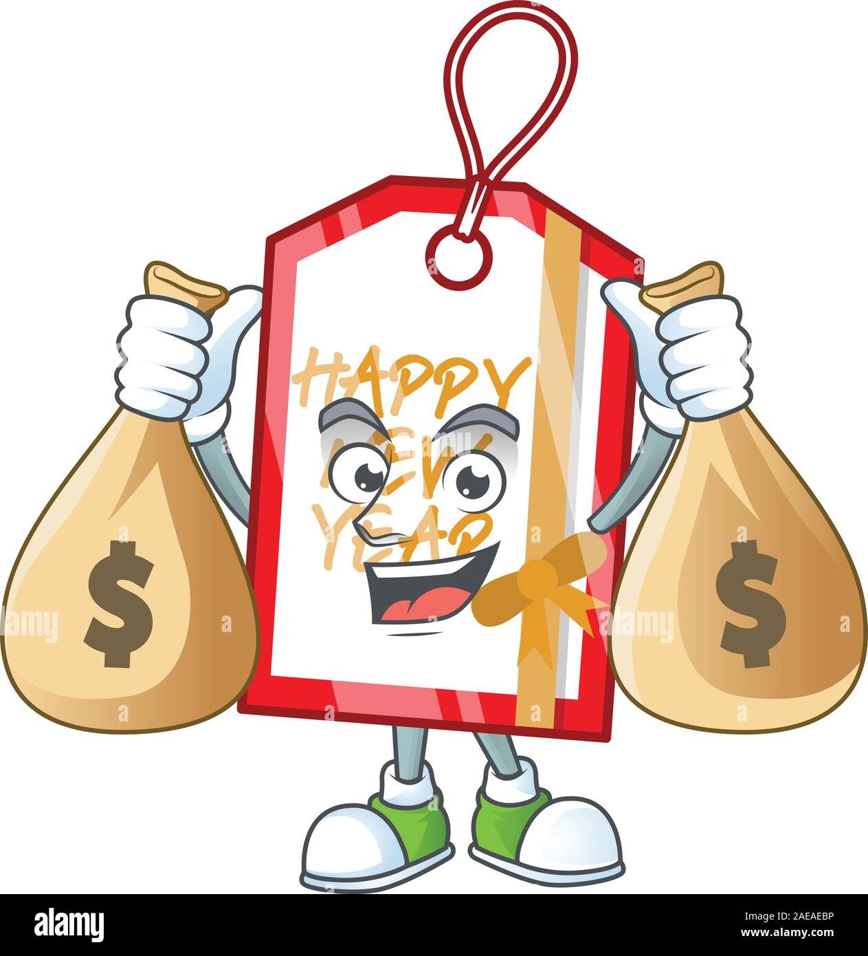 Cute happy new year tag cartoon character smiley with money bag Stock ...