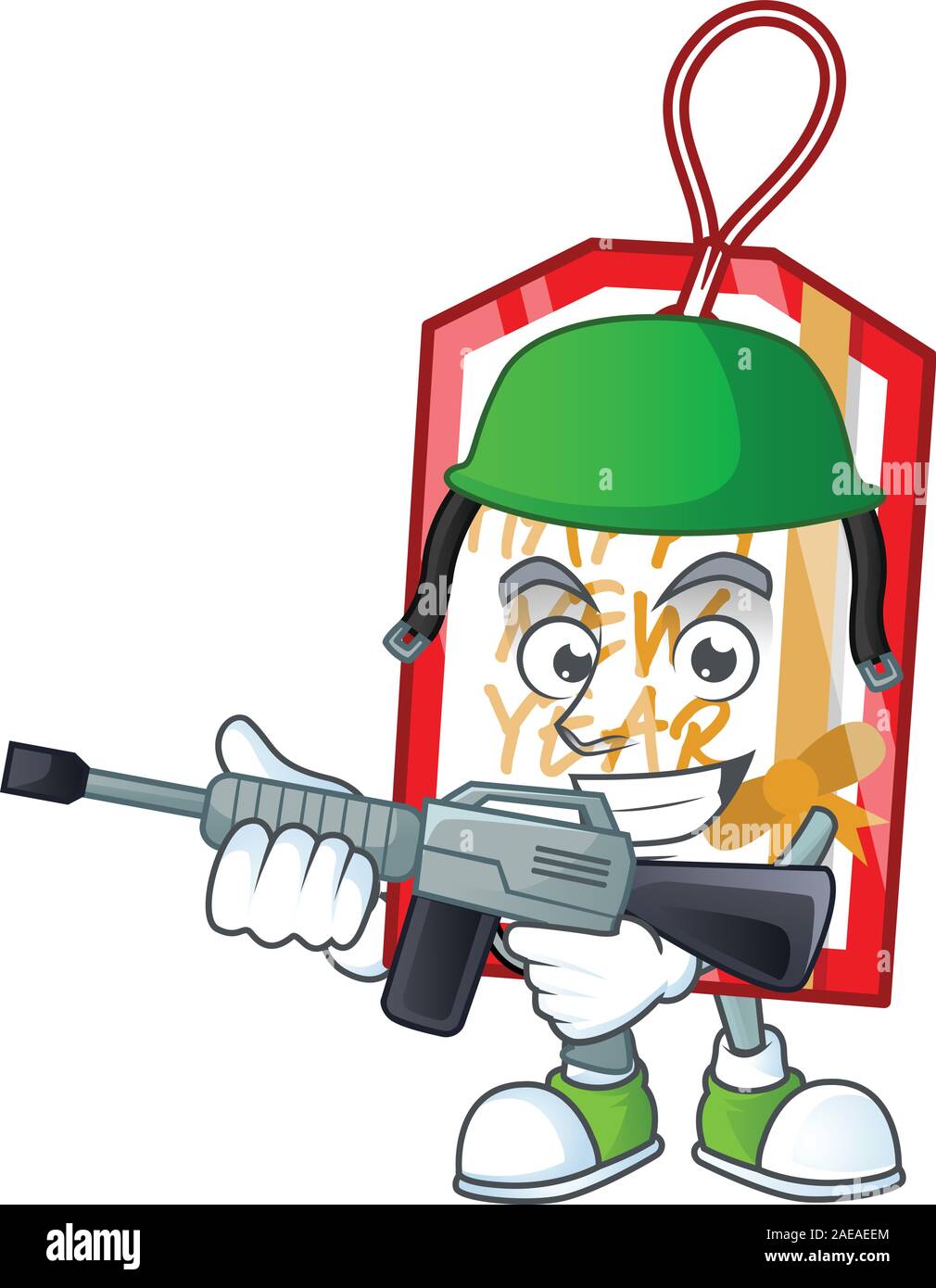 A cartoon style of happy new year tag Army with machine gun Stock ...