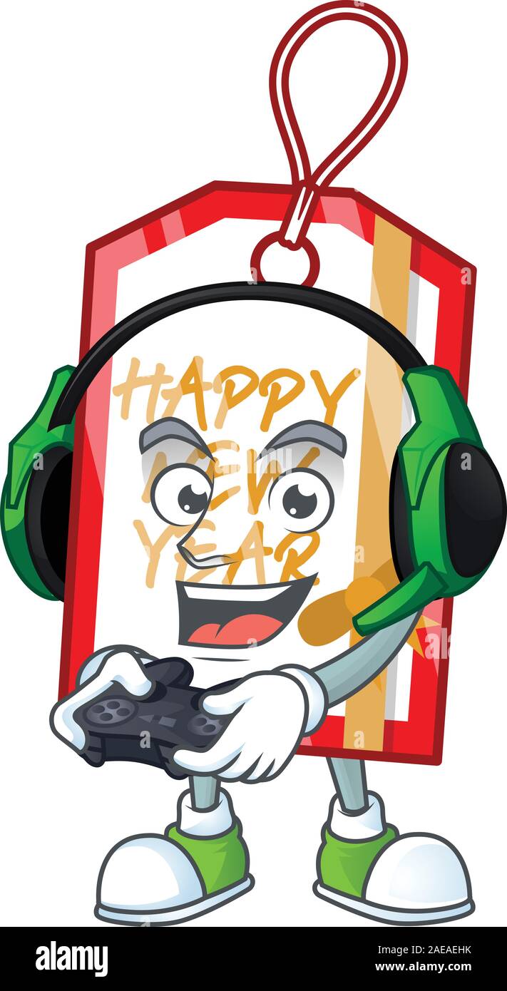 Gamer happy new year tag cartoon character with headphone and ...