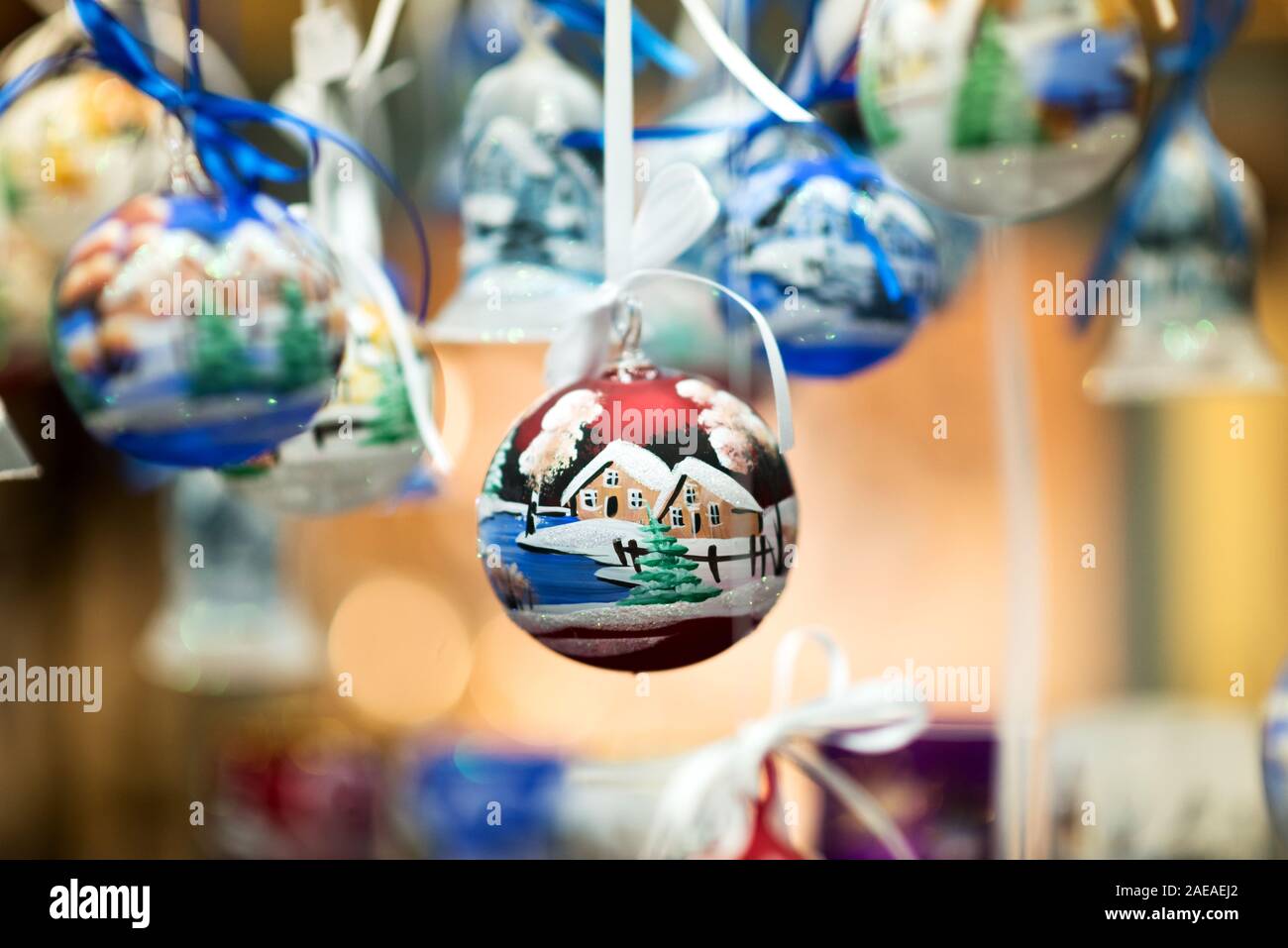 Artistic Christmas bauble with hand painted winter scene of snow ...