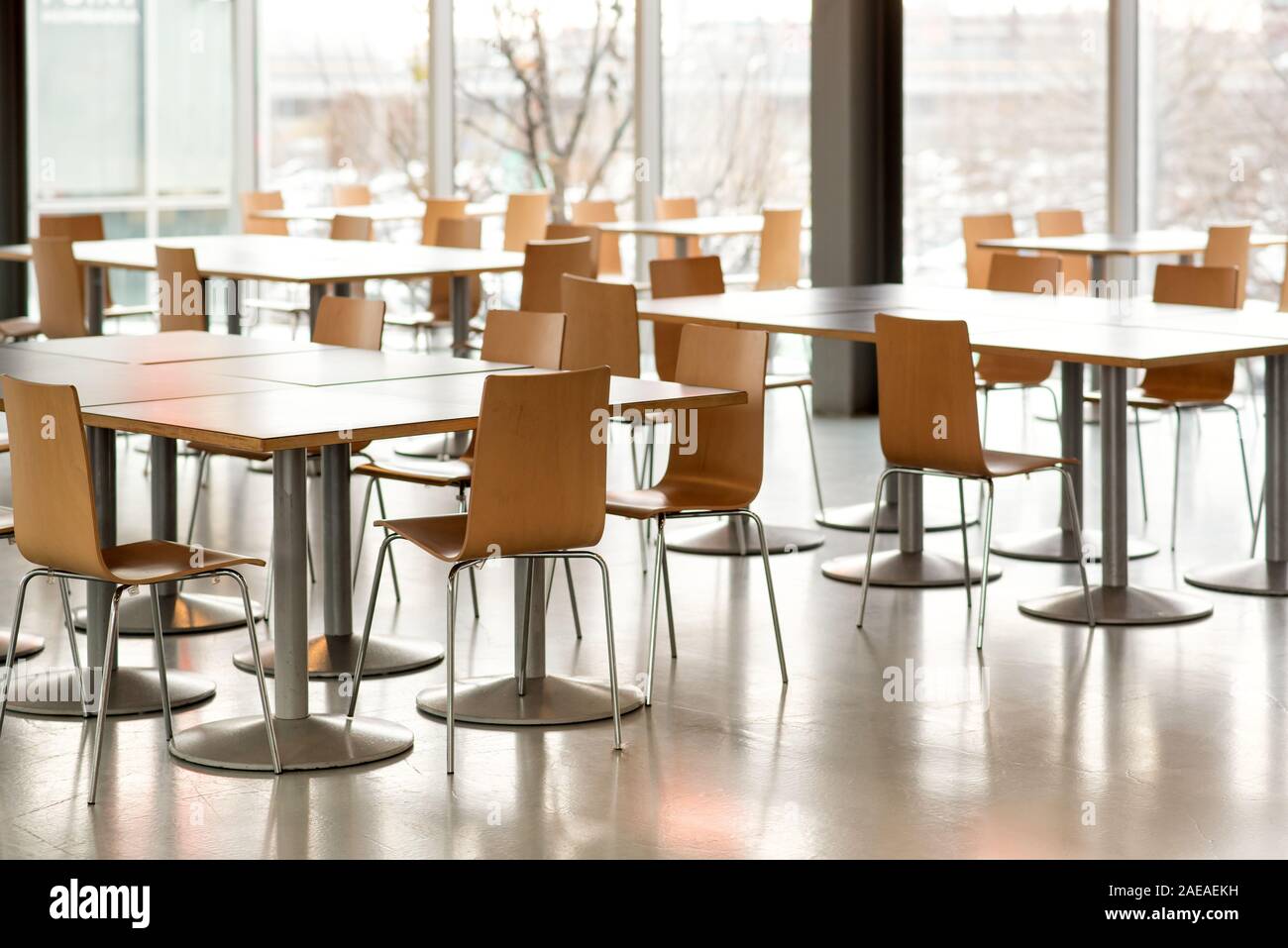 Interior of an empty canteen with modern tables and chairs lit by ...