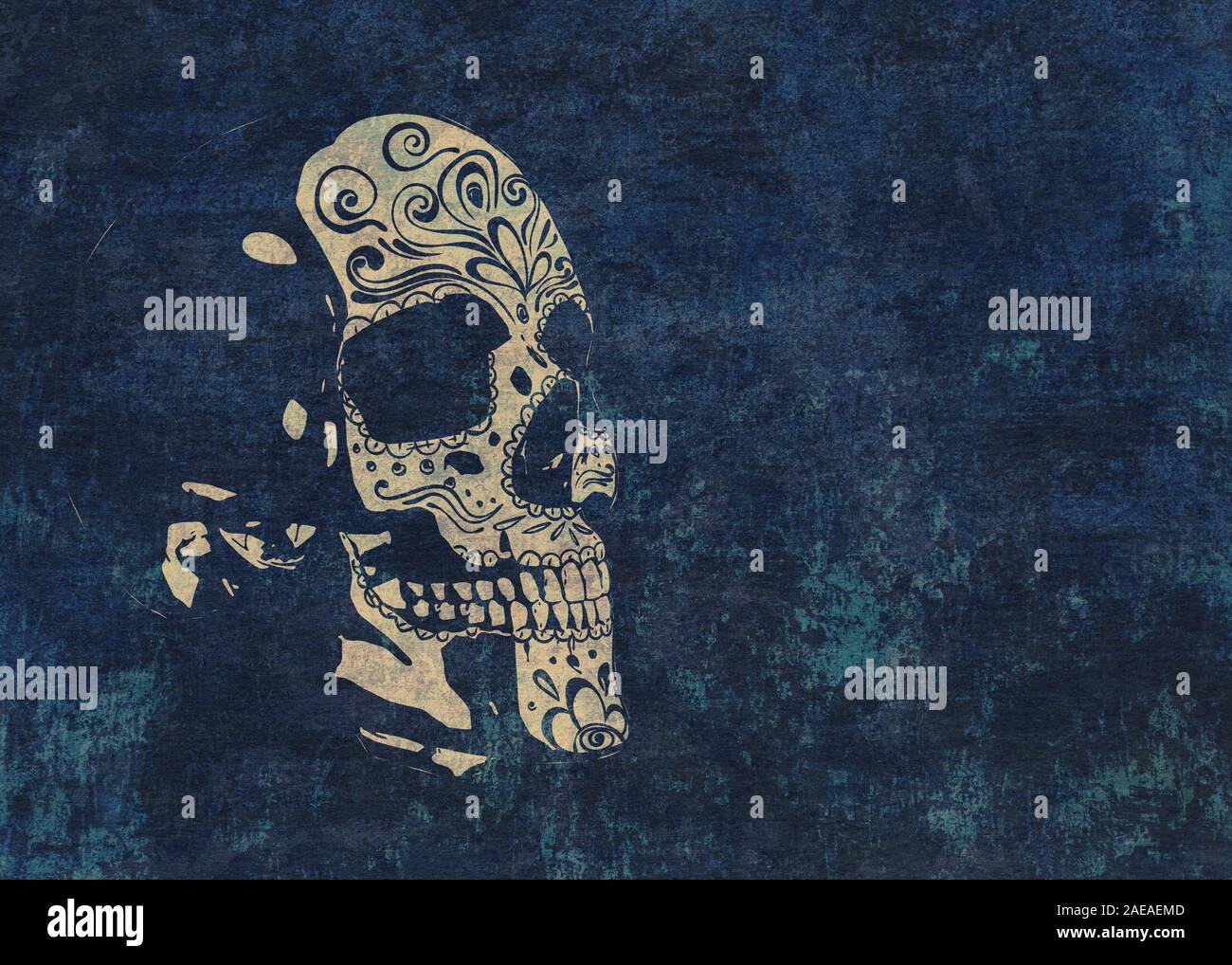 Grunge retro style illustration of floral sugar skull design, hard ...