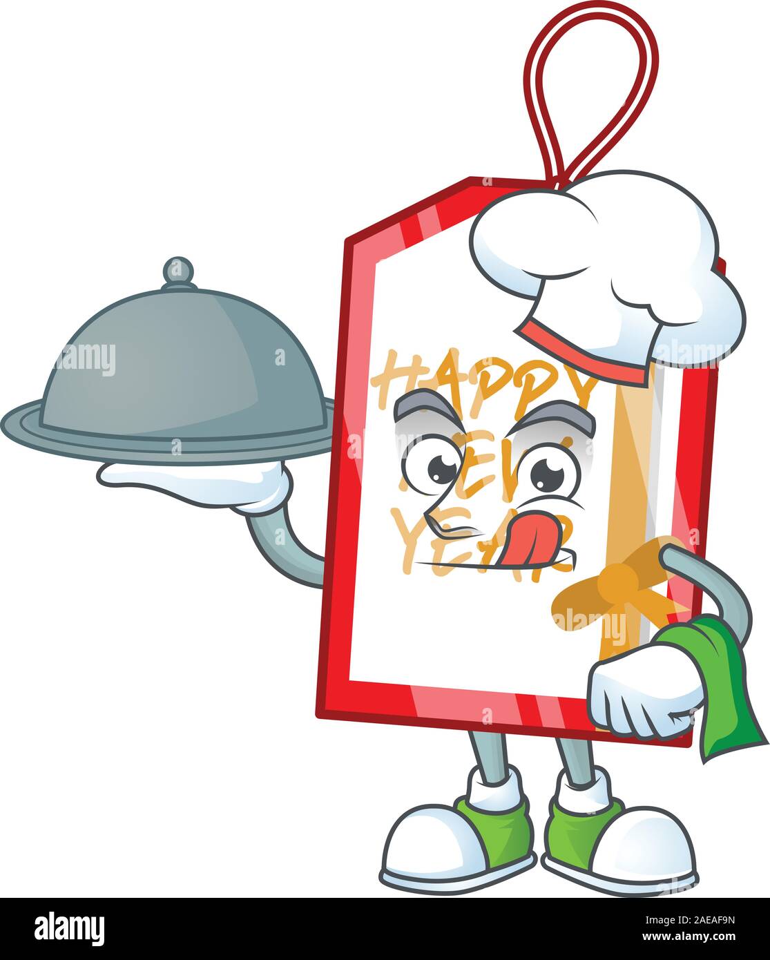 smiling happy new year tag as a Chef with food cartoon style design ...