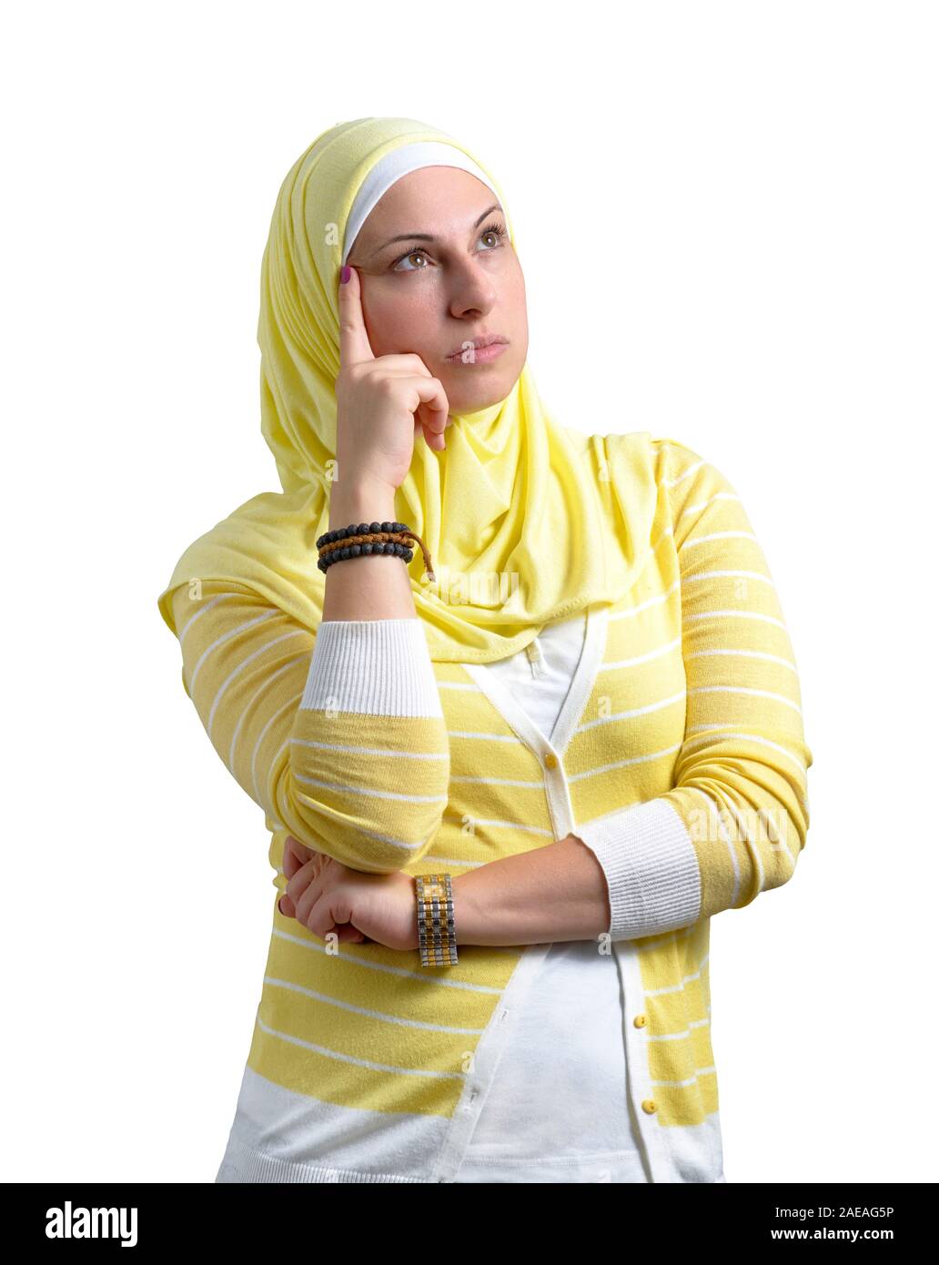 Beautiful Muslim Woman Thinking over Blue Background Stock Photo - Alamy