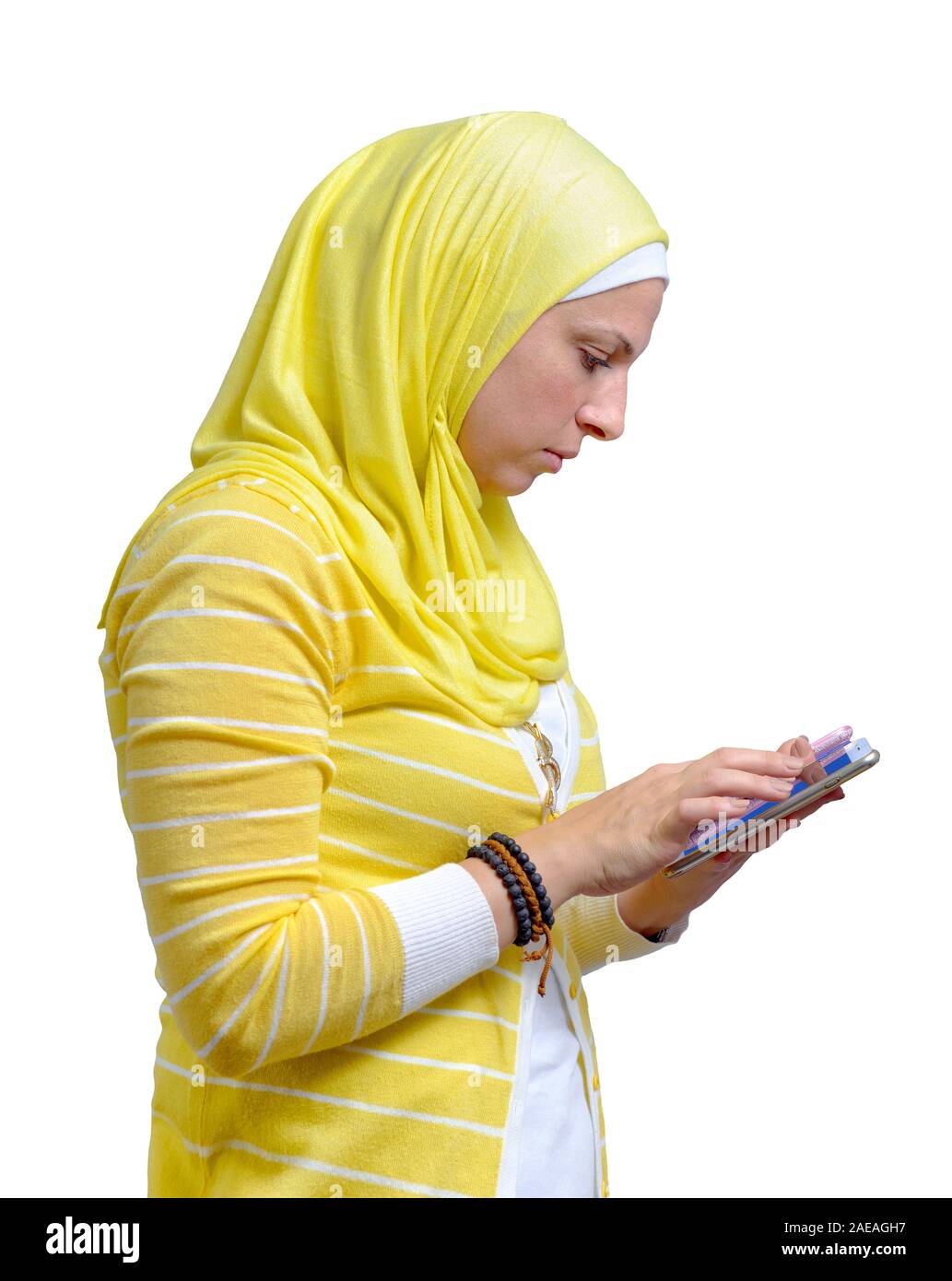 Arab Muslim Woman Writing Messages Wth Her Mobile, Isolated on White ...
