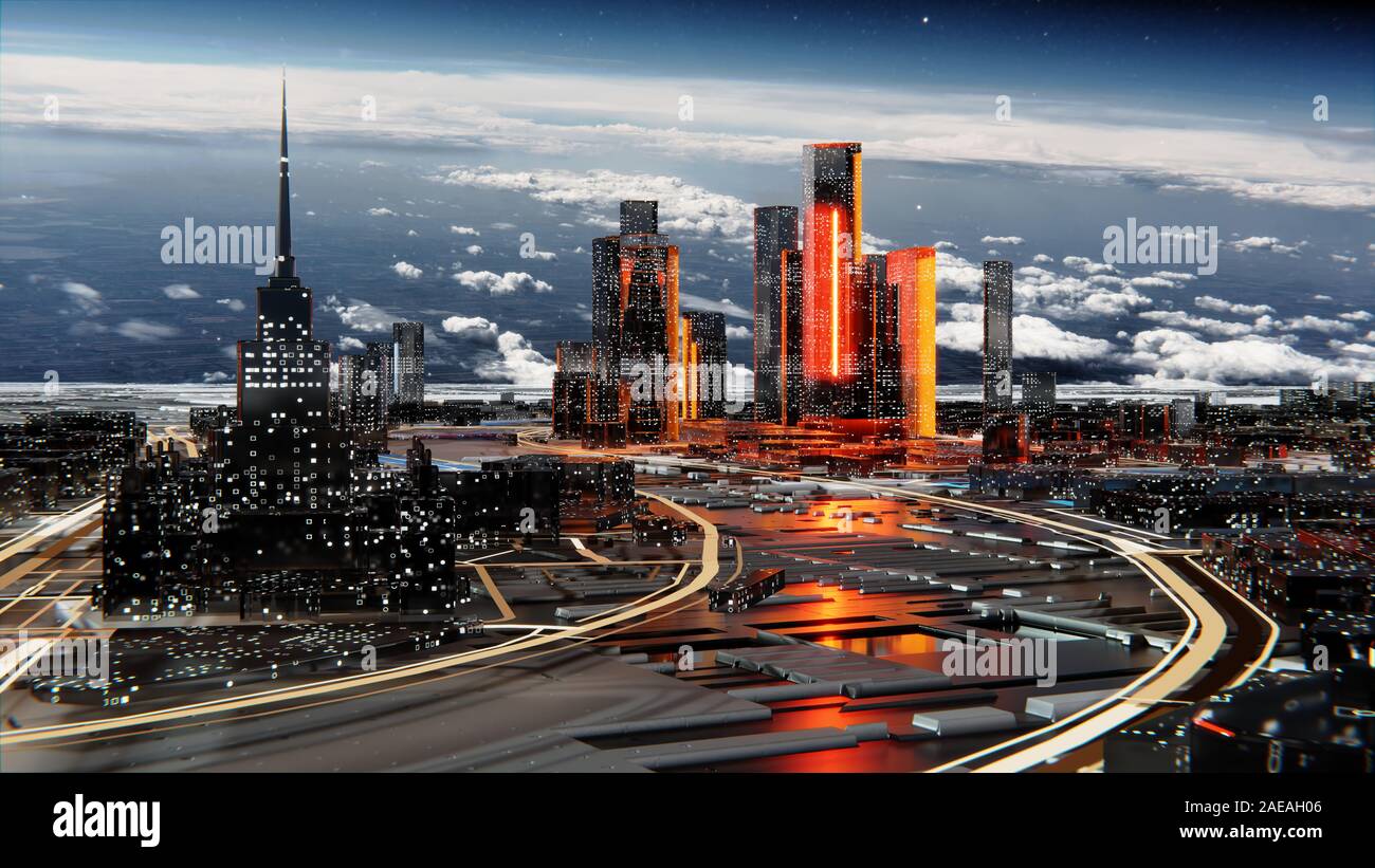 Futuristic glass city with luminous windows. Luminous roads and bright ...