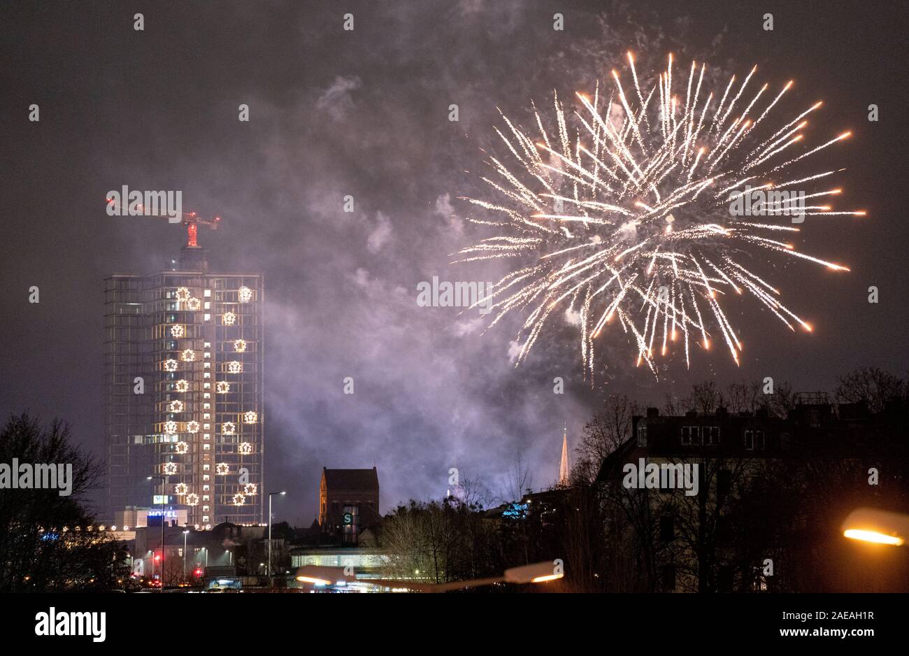 Berlin, Germany. 07th Dec, 2019. A fireworks display can be seen late ...