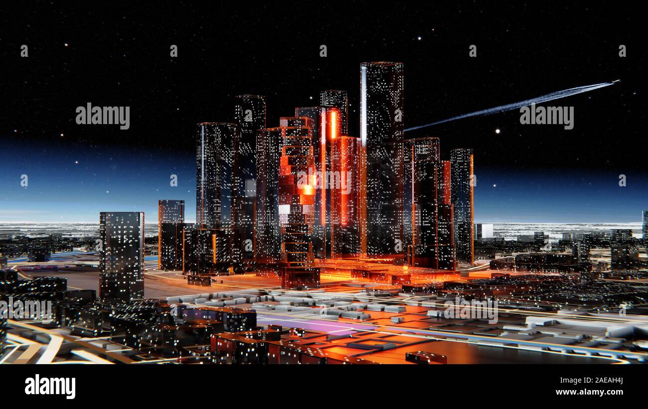 Futuristic glass city with luminous windows. Luminous roads and bright ...