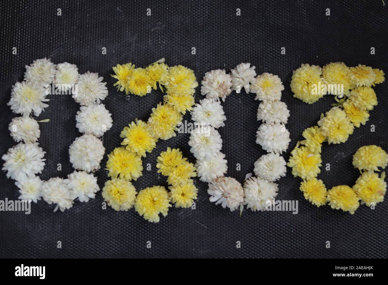 create 2020 with flowers on black background Stock Photo - Alamy