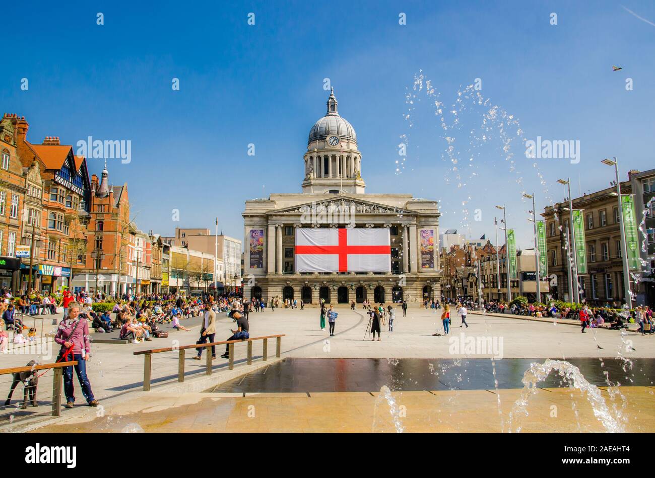 Nottingham, England April 21 2015. City square showing England flag ...