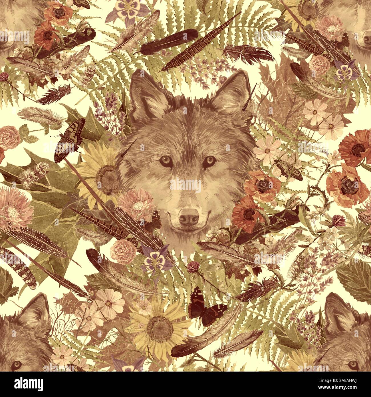 Seamless watercolor pattern with wolf head, flowers, feathers Stock ...
