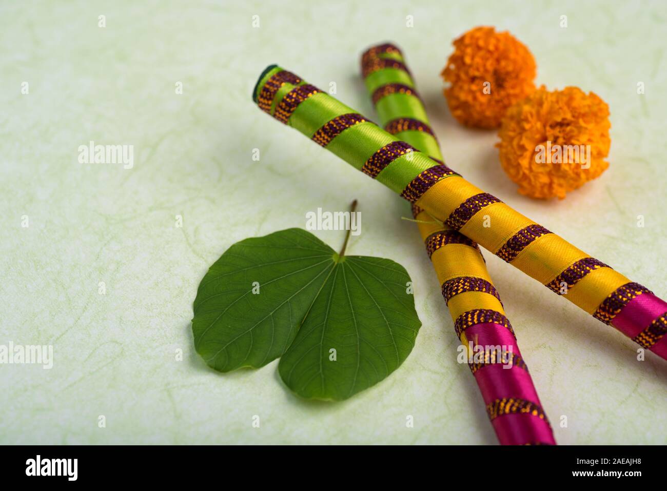 Indian Festival Dussehra, showing golden leaf (Bauhinia racemosa) and ...