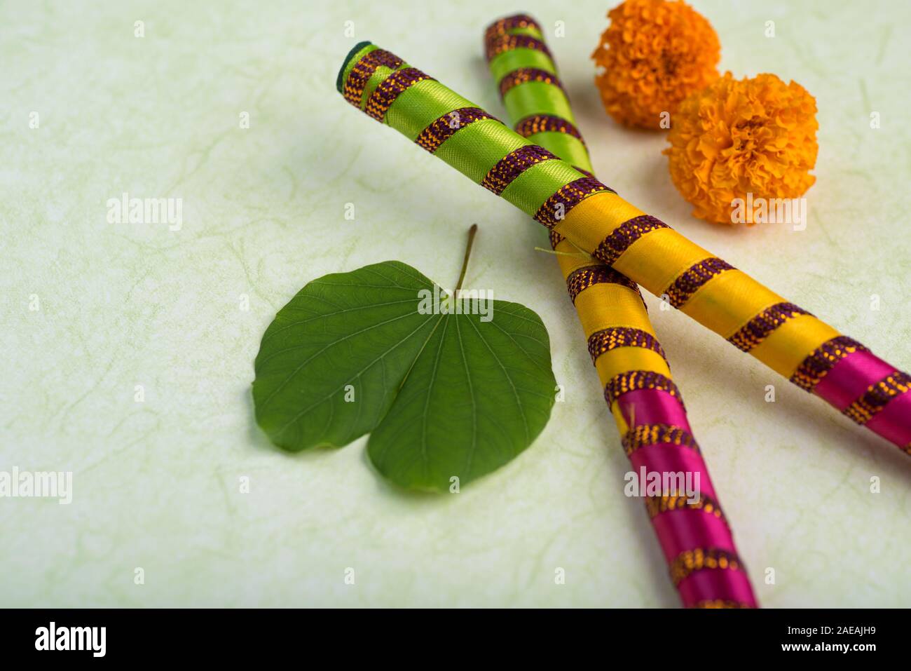 Indian Festival Dussehra, showing golden leaf (Bauhinia racemosa) and ...