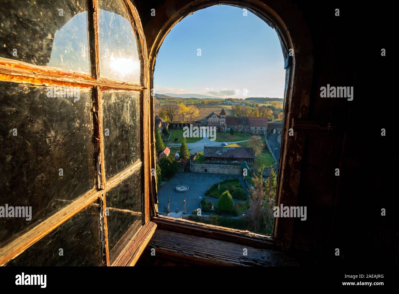 Looking through the window from the tower in the castle Czocha Stock ...