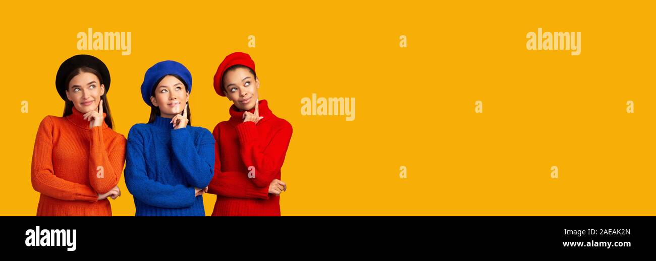 Three Girls Thinking Touching Chin Standing Over Yellow Background ...