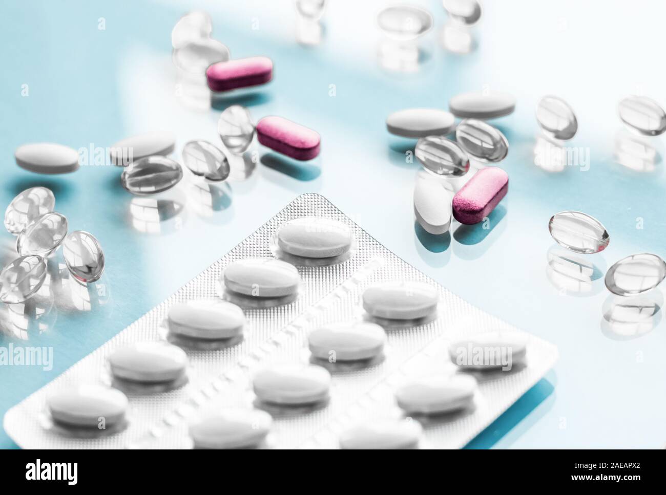 Pharma, branding and lab concept - Pills and capsules for diet ...