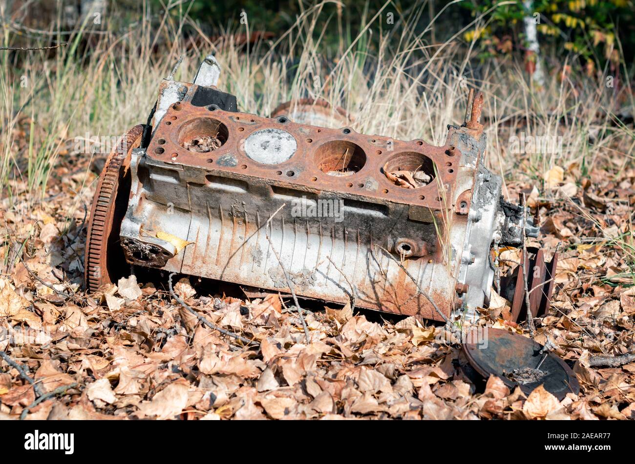old rusty broken car engine on yellow leaves in Chernobyl Stock Photo ...