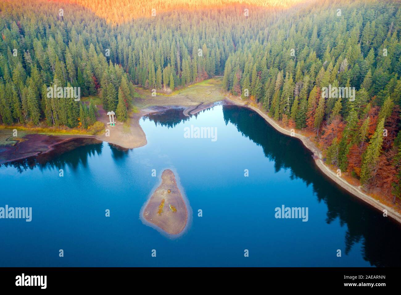 Aerial view of Lake Synevyr in the Carpathian mountains of Ukraine ...
