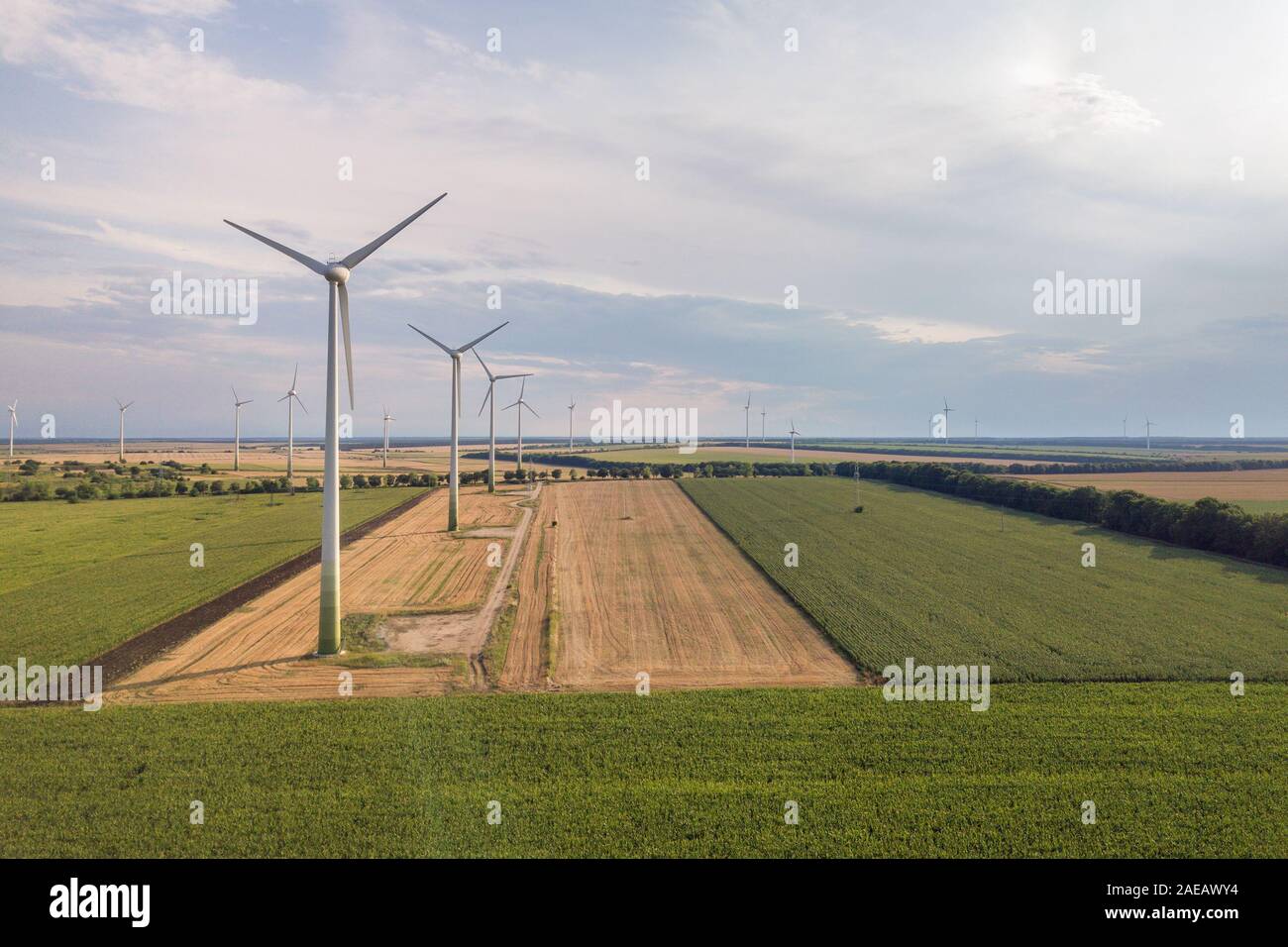 Aerial view of wind turbine generators in field producing clean ...
