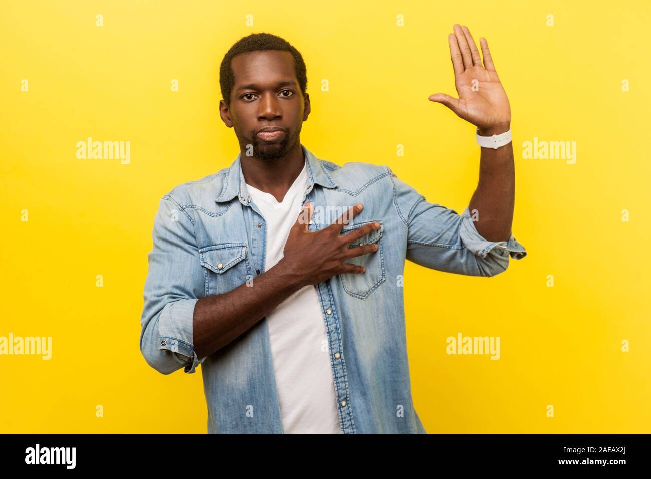 I swear! Portrait of honest serious man in denim casual shirt with ...