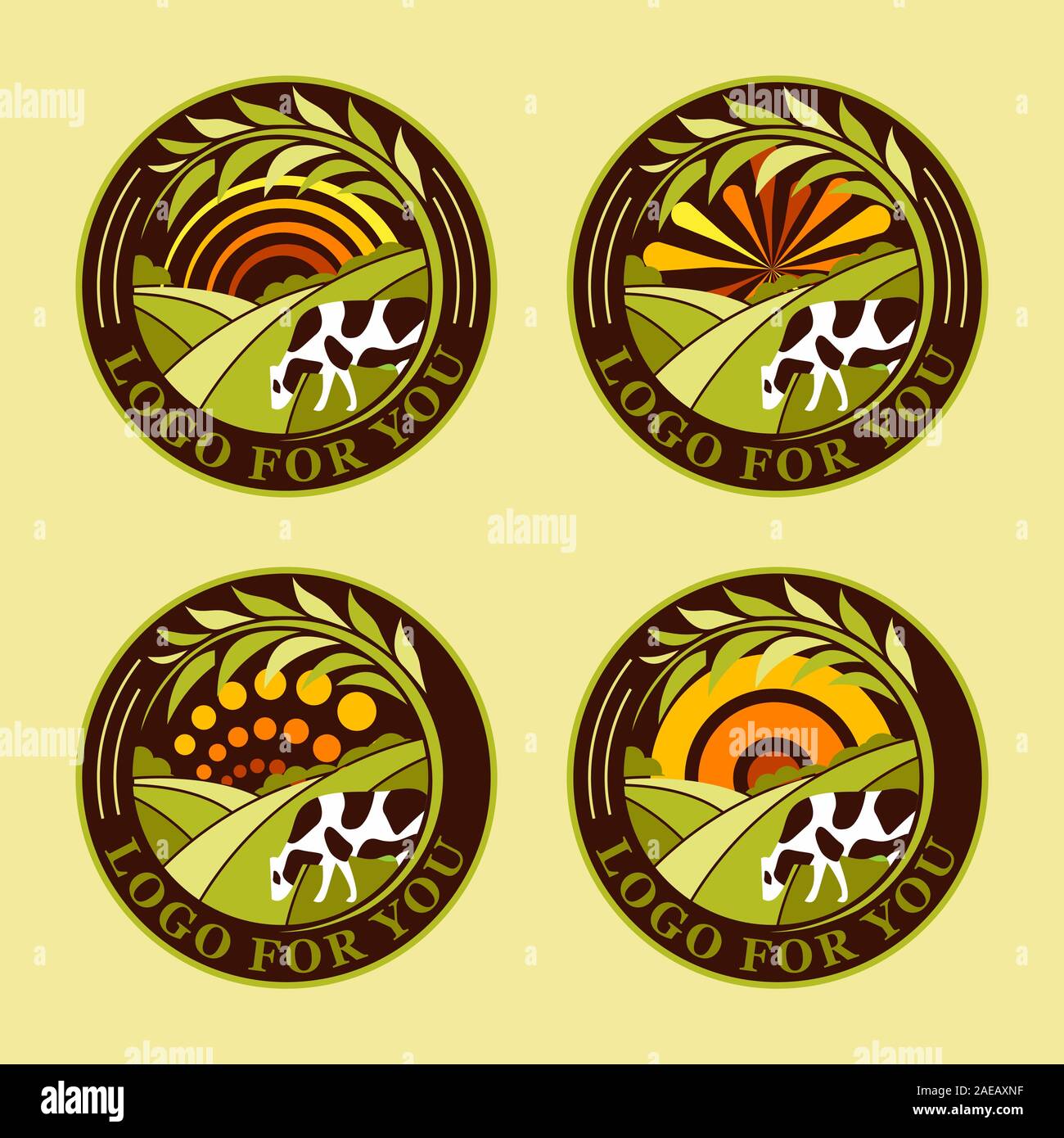 Set of round agricultural vector logos. Farm icons. Dairy products ...