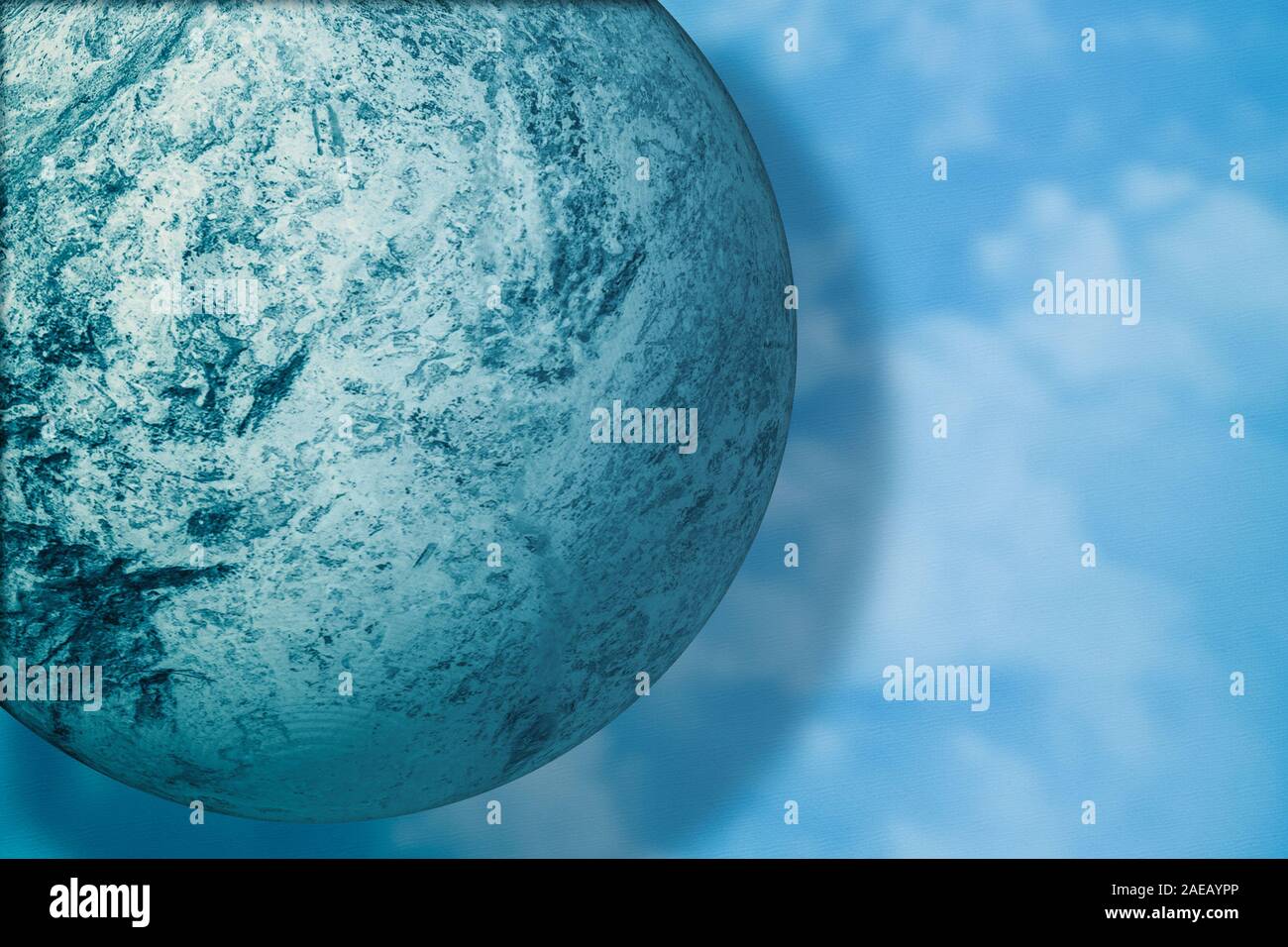 Planet on blue sky and white clouds background. Perspective 3D view ...