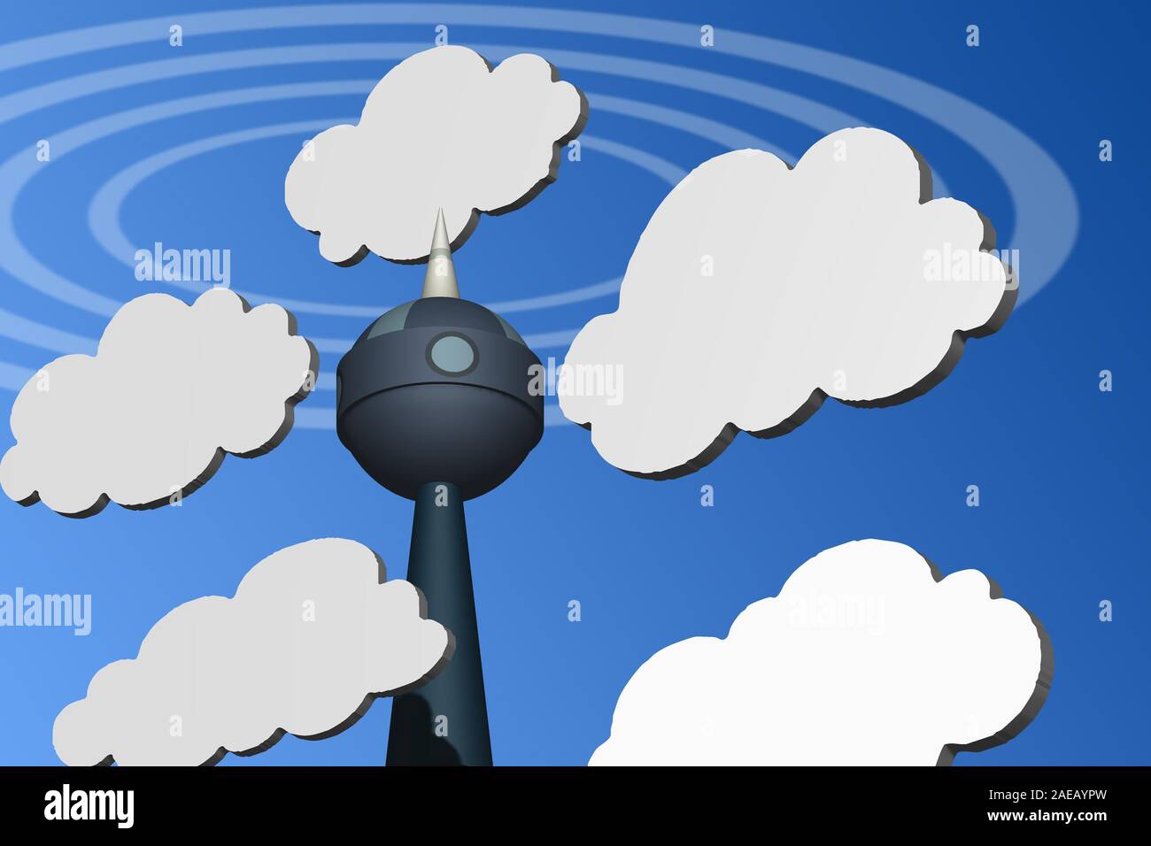 Telecommunication tower transmits signal in clouds on blue sky with ...