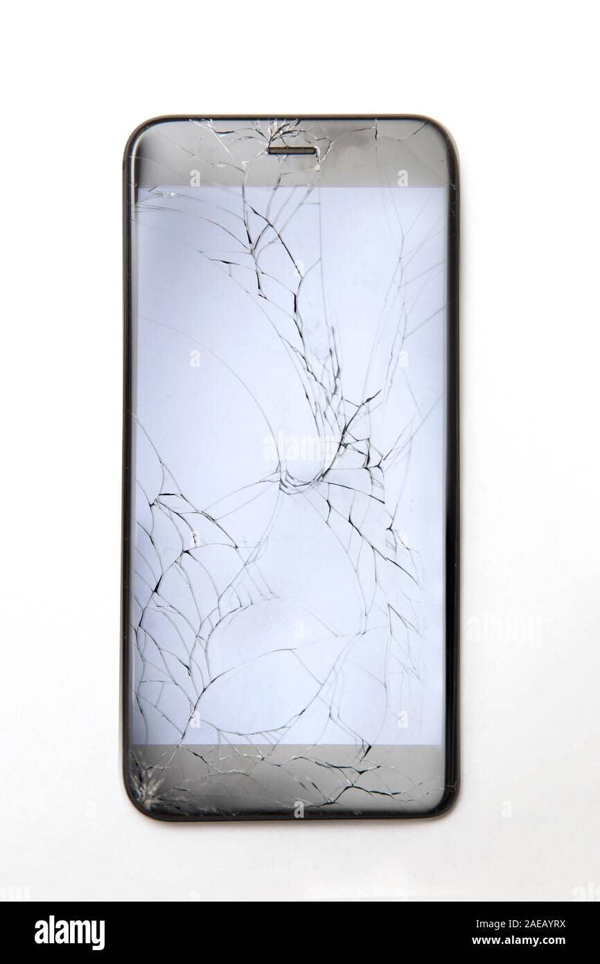 Top view at cracked broken mobile phone screen glass, isolated on the ...