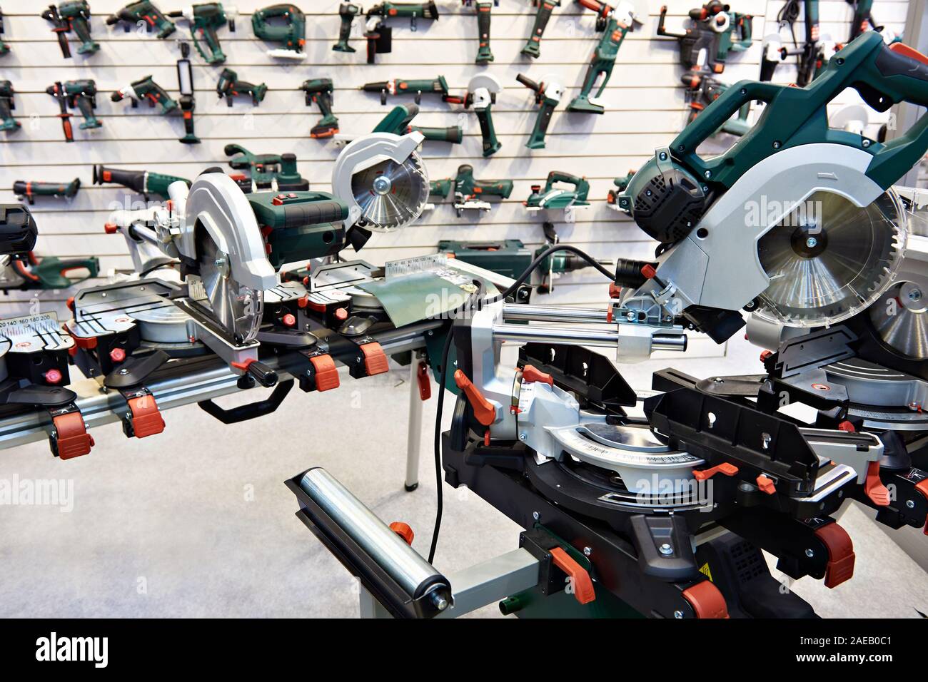 Electric saws in the household tool store Stock Photo - Alamy