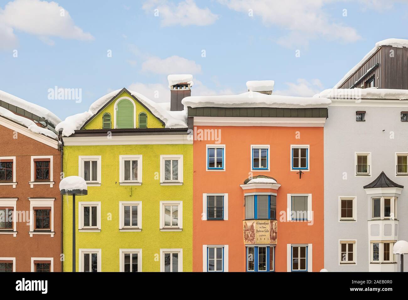 Bright multicolored facades of old medieval buildings in historical ...