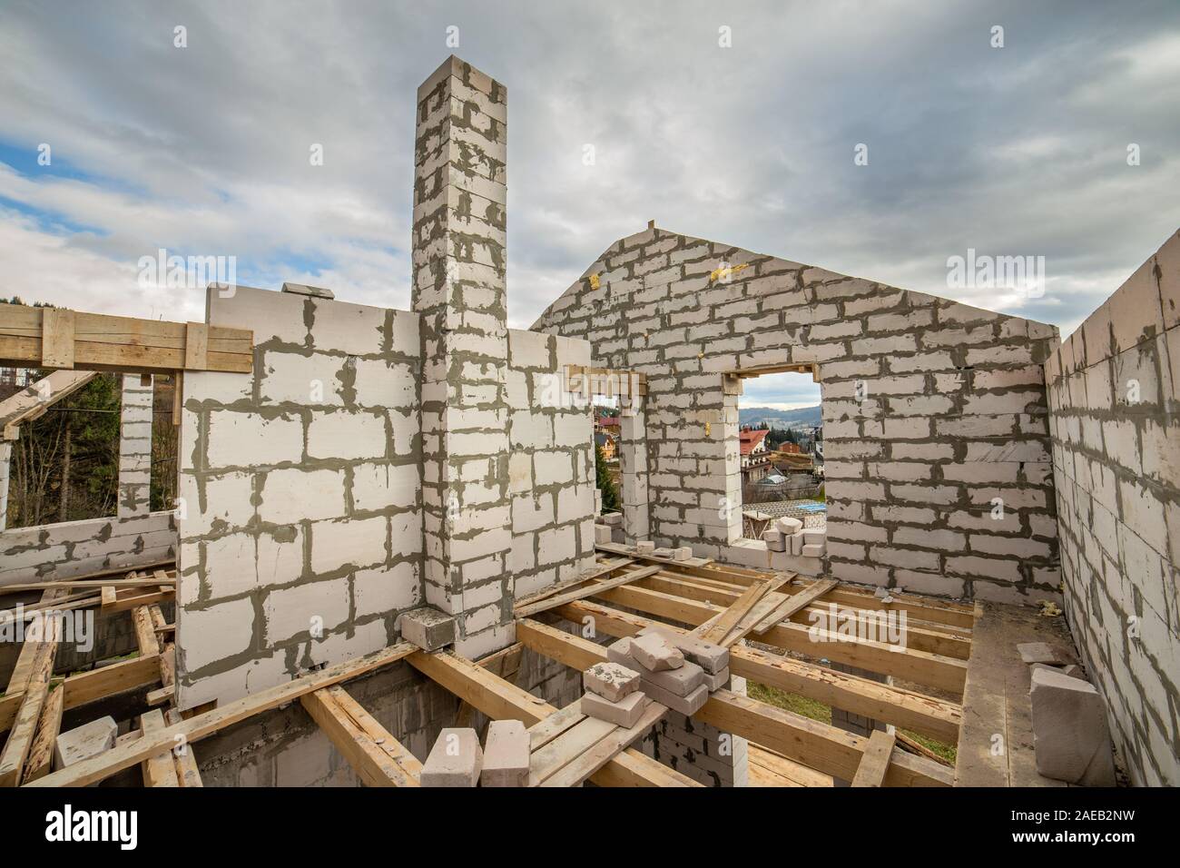 Building site of a house under construction made from white foam ...