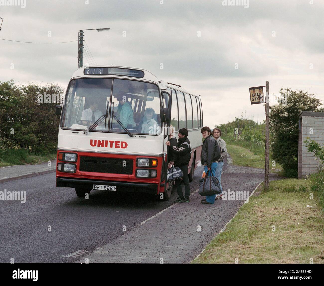 Bus passengers alighting on a United bus, in County Durham, North East ...