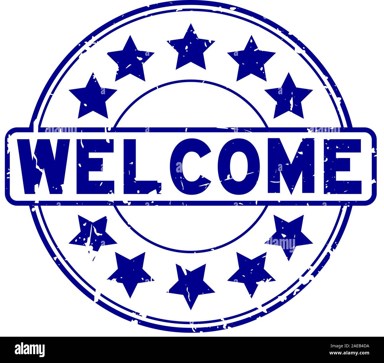 Grunge blue welcome word with star icon round rubber seal stamp on ...