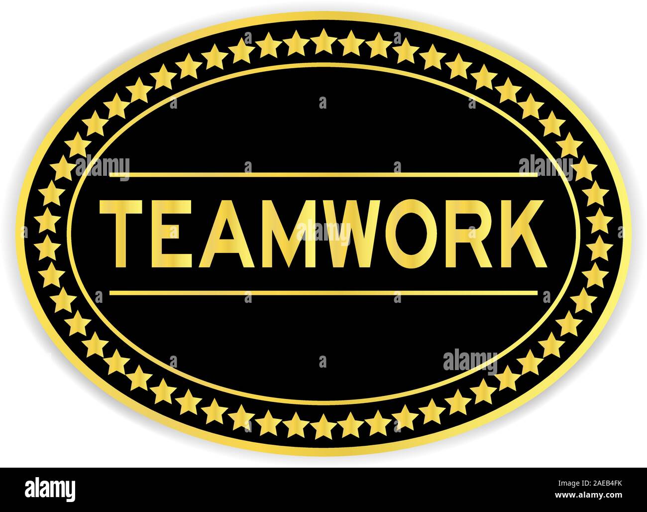 Black and gold color oval sticker with word teamwork on white ...