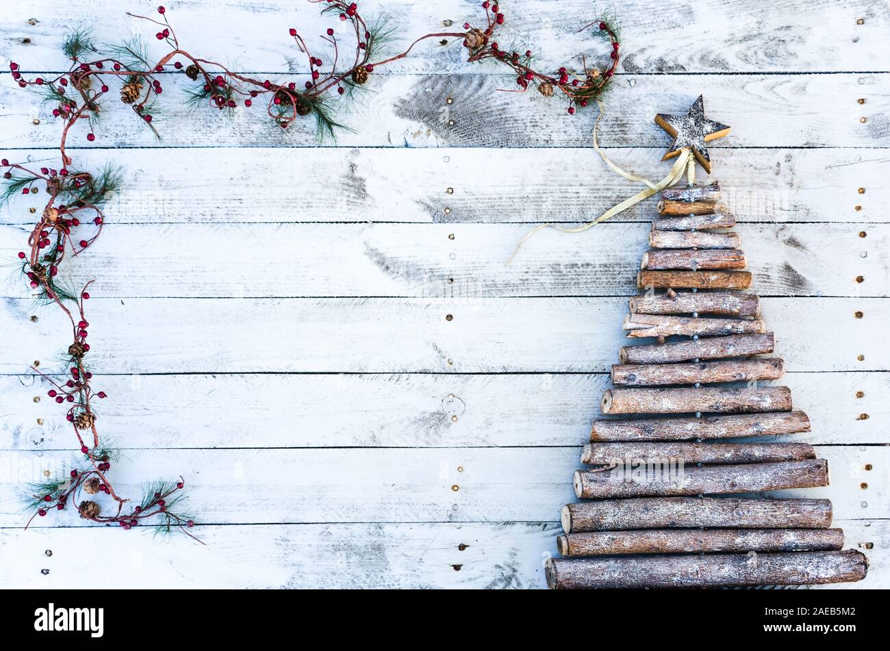 Christmas white wooden background with wooden tree Stock Photo - Alamy