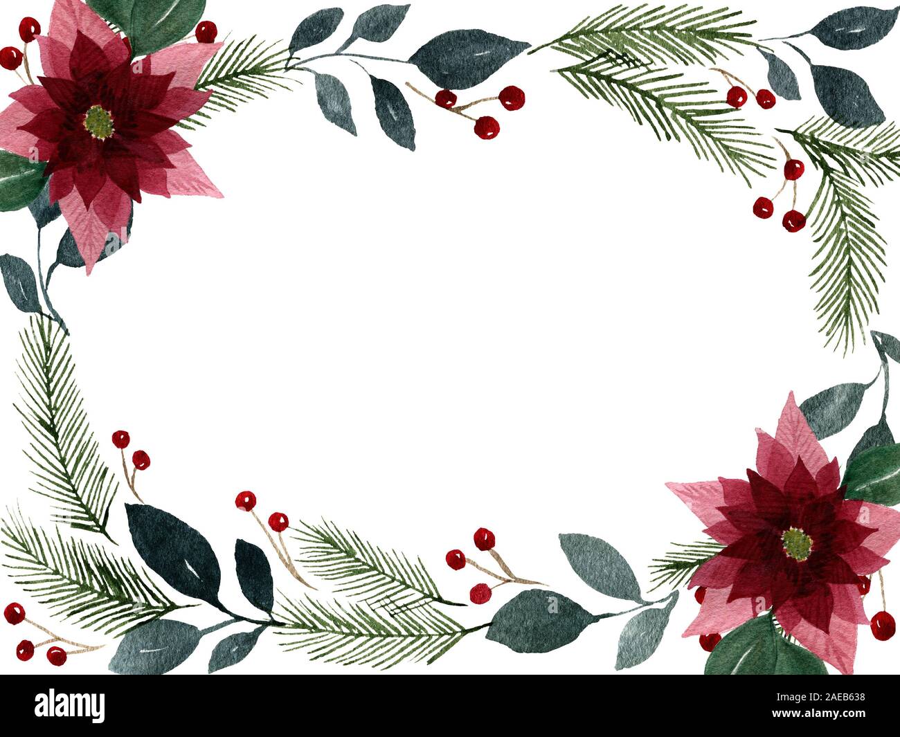 christmas border with poinsetia flower, fir tree and berries ...