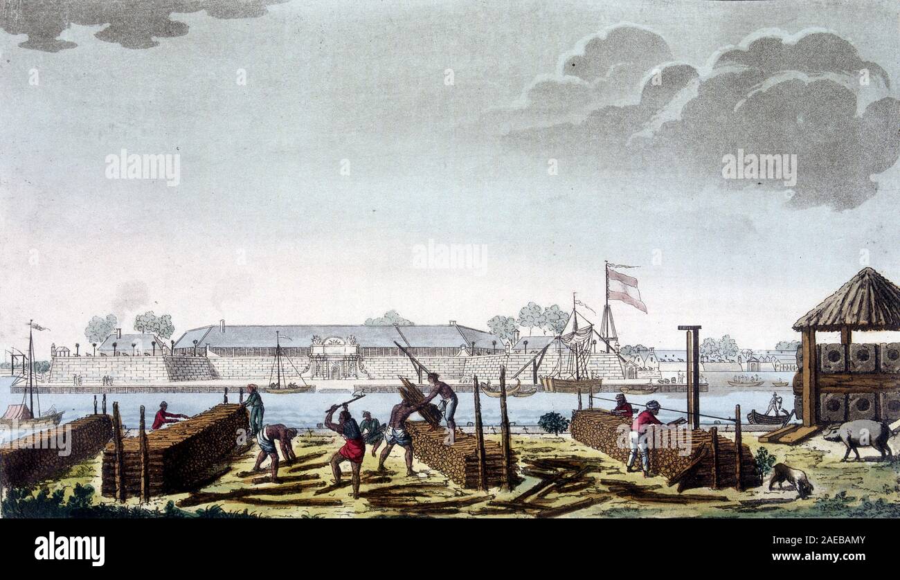 Stockage du bois sur les quais du port de Batavia et le chateau en ...