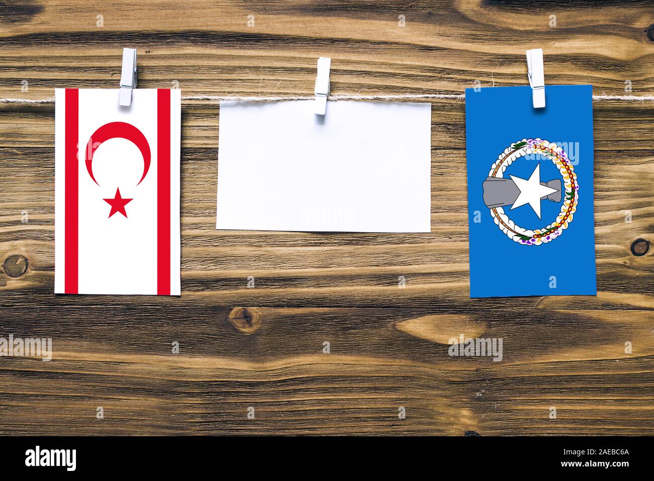 Hanging flags of Northern Cyprus and Northern Mariana Islands attached ...