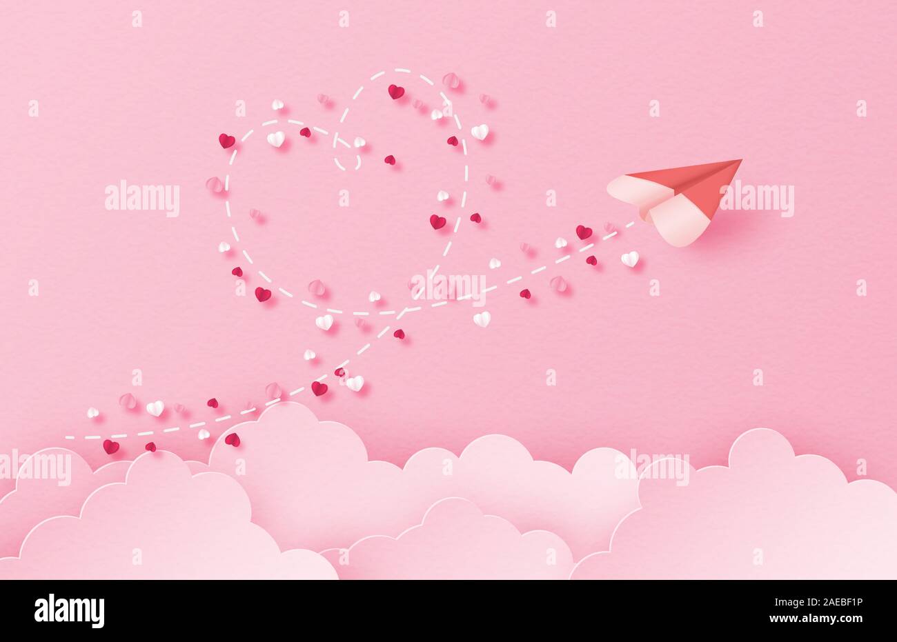Illustration of love with a heart shape paper plane flying in the sky ...