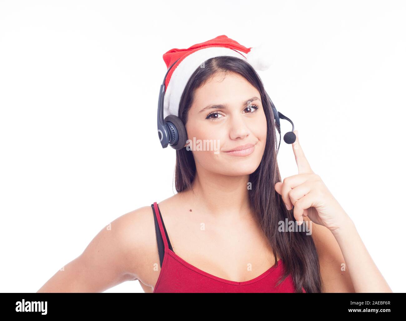Christmas headset woman from telemarketing call center wearing red ...