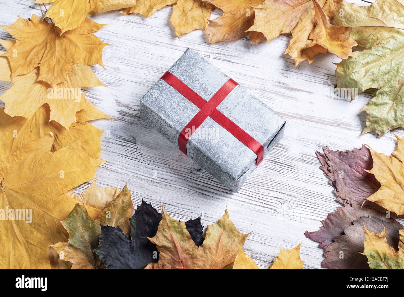 Flat lay cute composition with gift box Stock Photo - Alamy