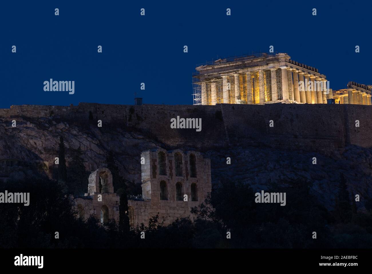 The Parthenon and Acropolis lit up at night with Herodes theater in the foreground Stock Photo ...