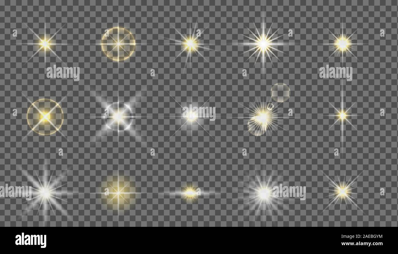 Flash camera light effect. Realistic twinkle stars. Vector glow shine element set. Starlight ...