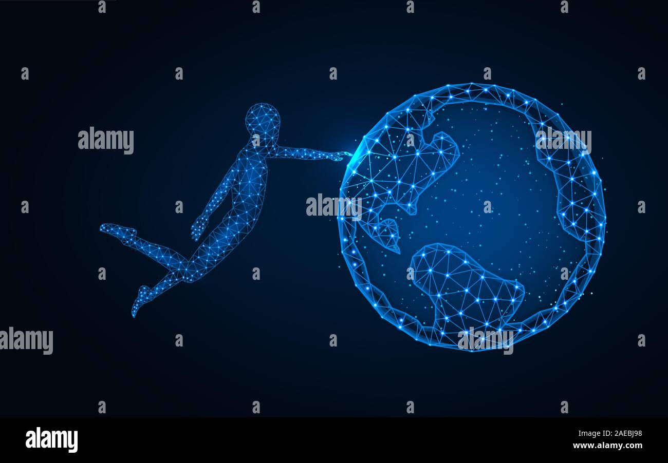 Levitating man touched planet Earth low poly design, Technologies ...