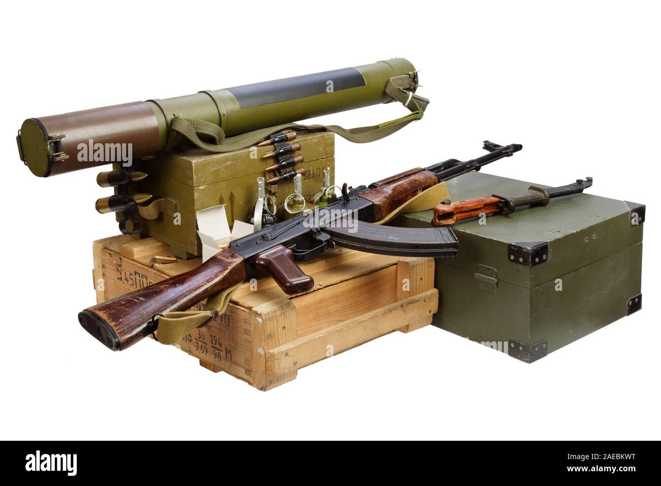 Army box of ammunition with AK47 rifle and ammunition isolated. Text on ...